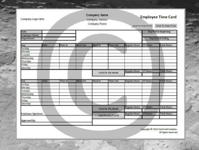 Employee Time Card (black and White)-home Business-tracker-printable ...