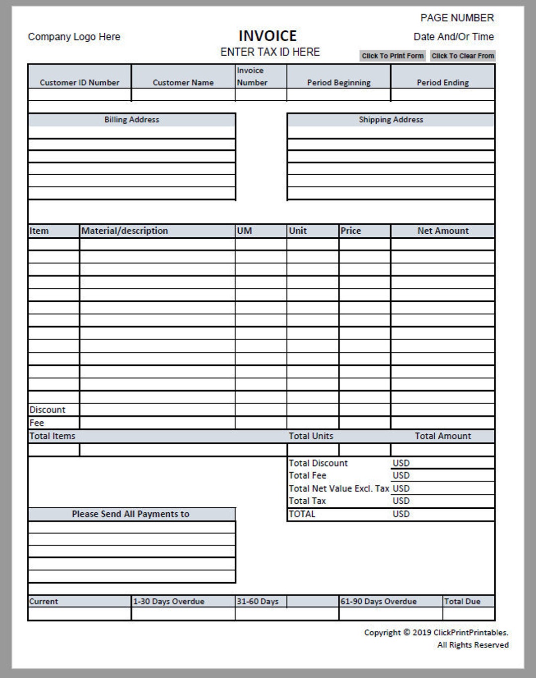 Editable Invoice Template Downloadable Printable Form Small Business ...