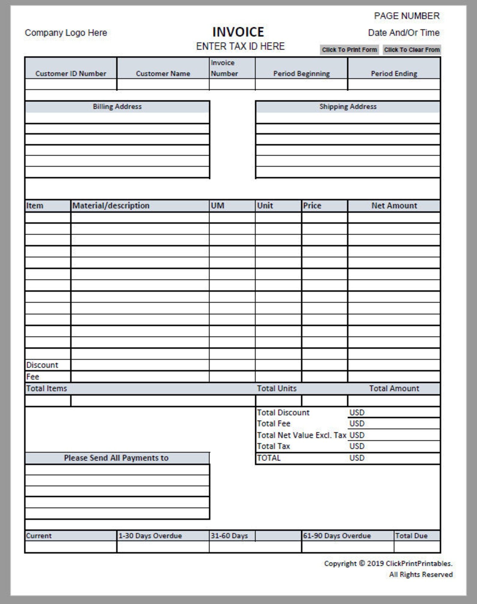 Editable Invoice Template Downloadable Printable Form Small Business ...