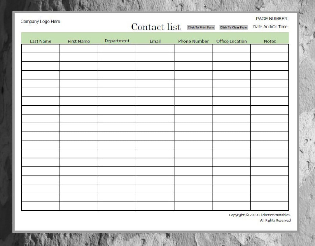 Workplace Contact List- Simple Minimal Editable Template Downloadable ...