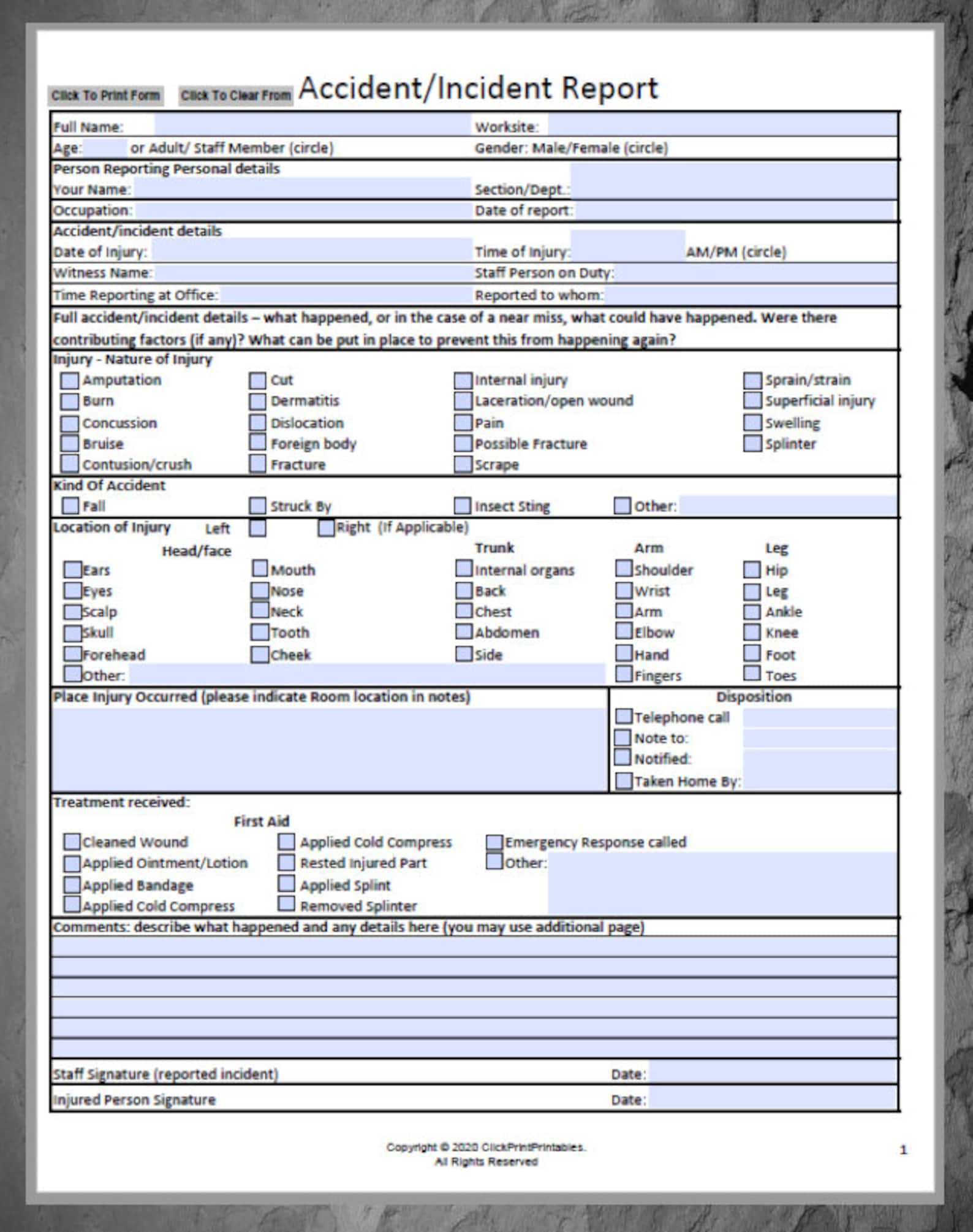 NEW Work Accident Incident Report Form Template Editable Downloadable ...