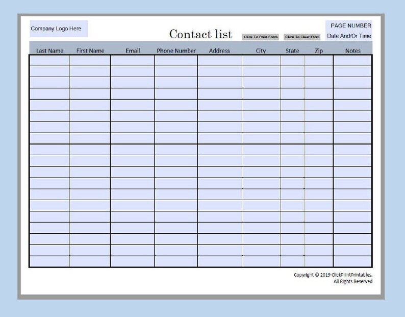 Simple Minimal Editable Contact List Template Downloadable Printable ...