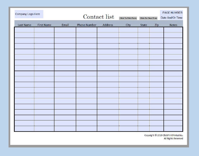 Simple Minimal Editable Contact List Template Downloadable Printable ...