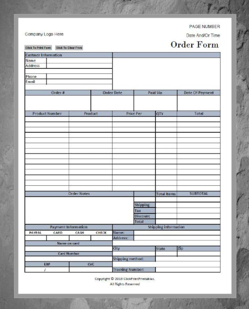 Simple Minimal Editable Order Form Template (blue) Downloadable ...