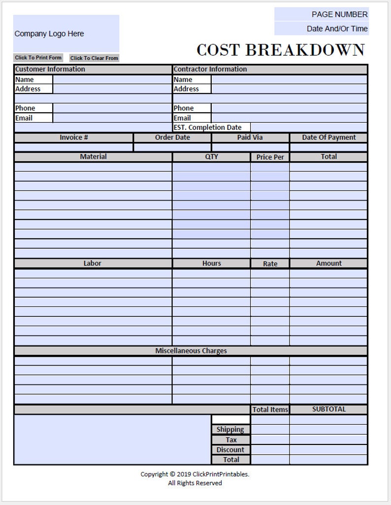 Construction Project Cost Breakdown Template Simple Minimal Editable ...