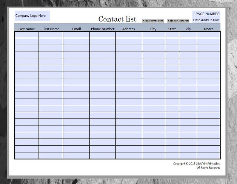 Editable Contact List Template, Printable PDF (dark Blue) - Etsy