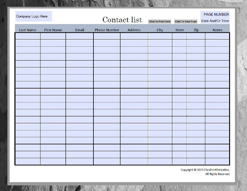 Editable Contact List Template, Printable PDF (dark Blue) - Etsy