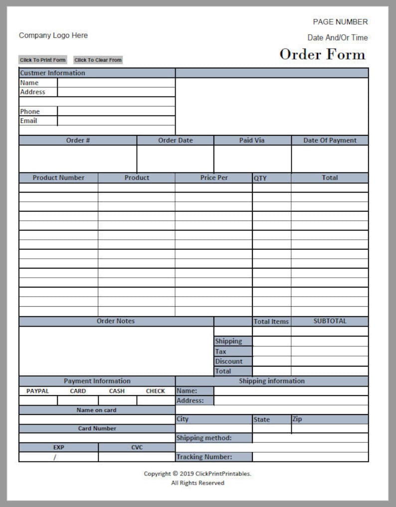 Simple Minimal Editable Order Form Template (blue) Downloadable ...