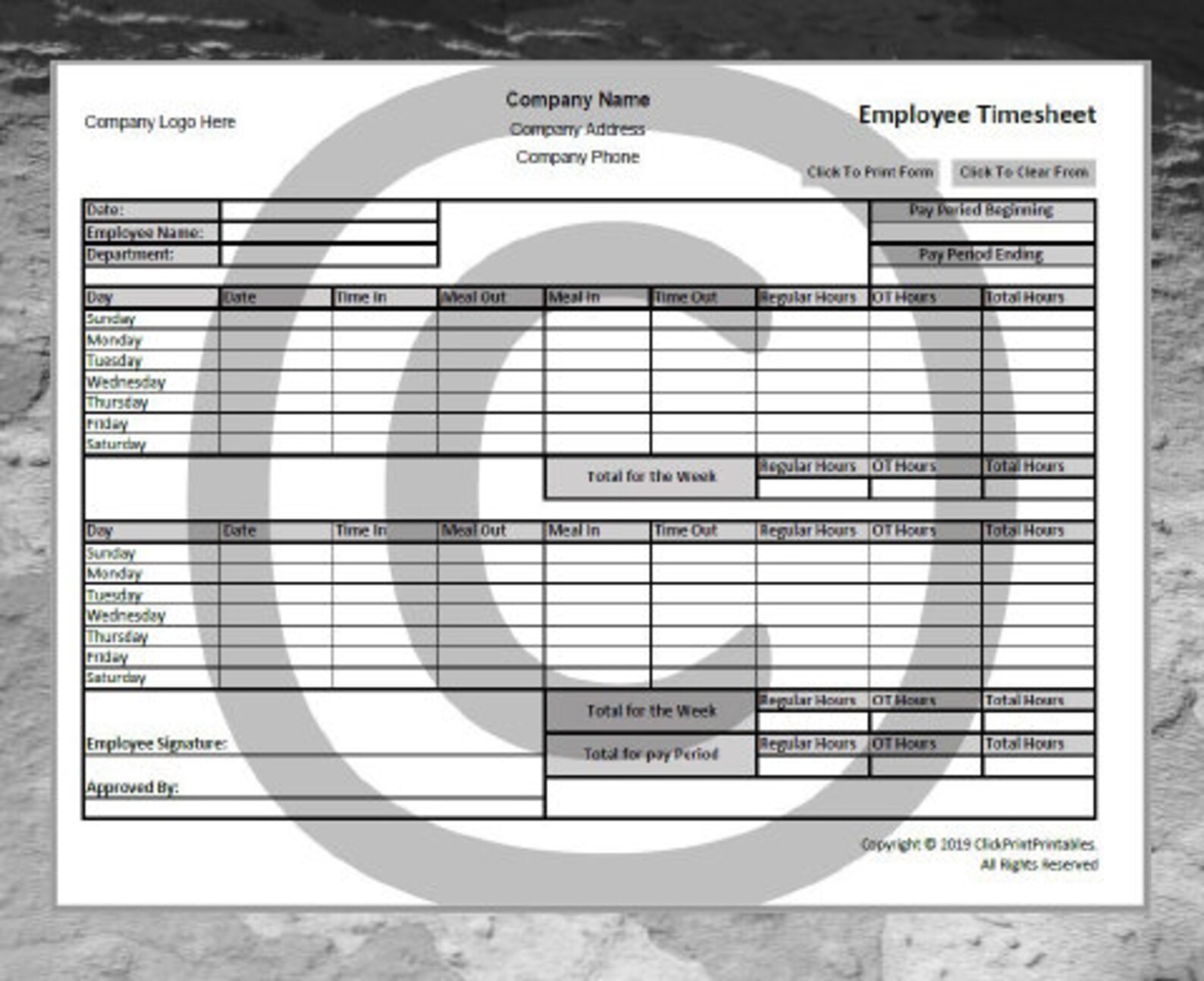 Employee Timesheet (black and White) - Home Business-tracker-printable ...