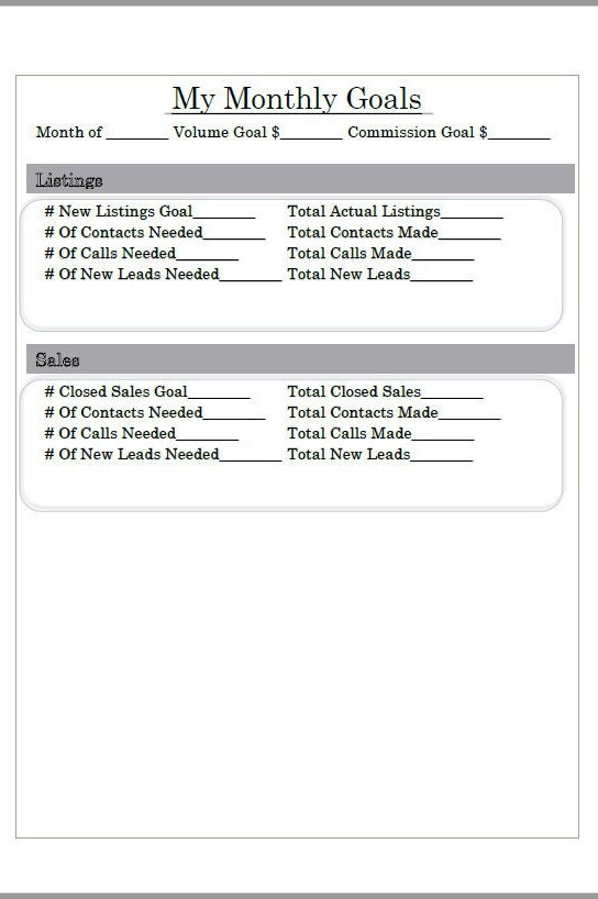 Real Estate Agent Goals Package Weekly, Monthly, Yearly Quarterly ...