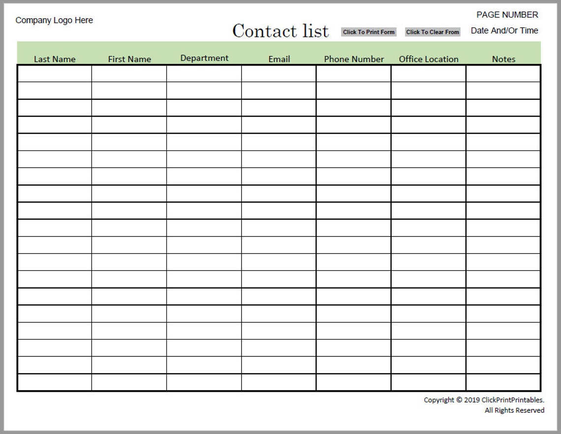 Workplace Contact List- Simple Minimal Editable Template Downloadable ...