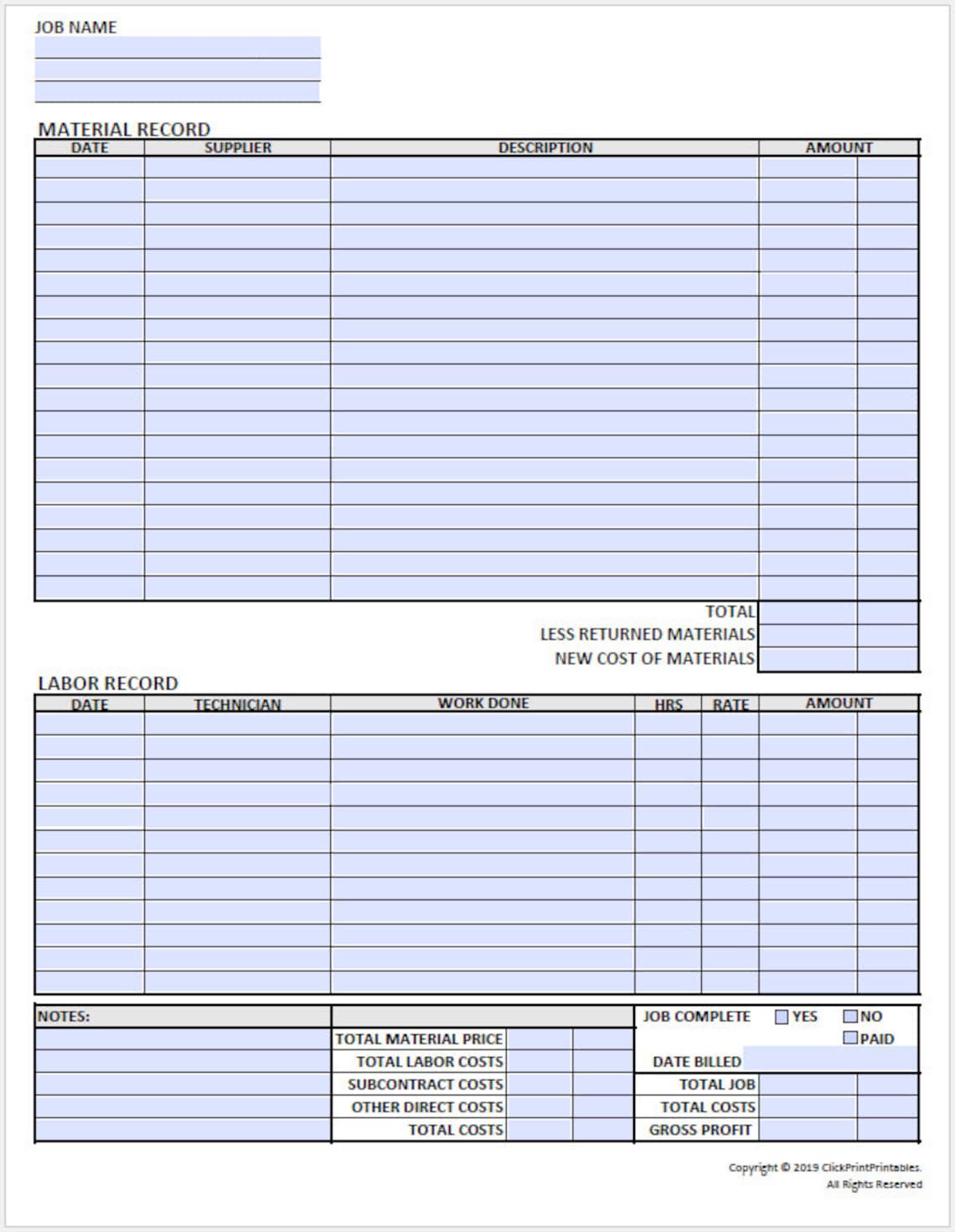 Material and Labor Record Sheet Project Bid Invoice Form Template ...