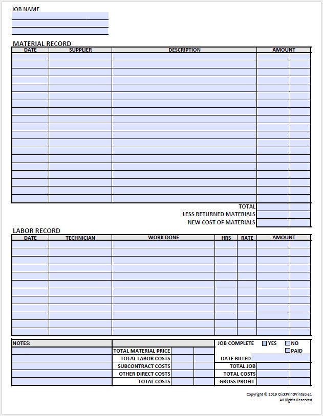 Material and Labor Record Sheet Project Bid Invoice Form Template ...