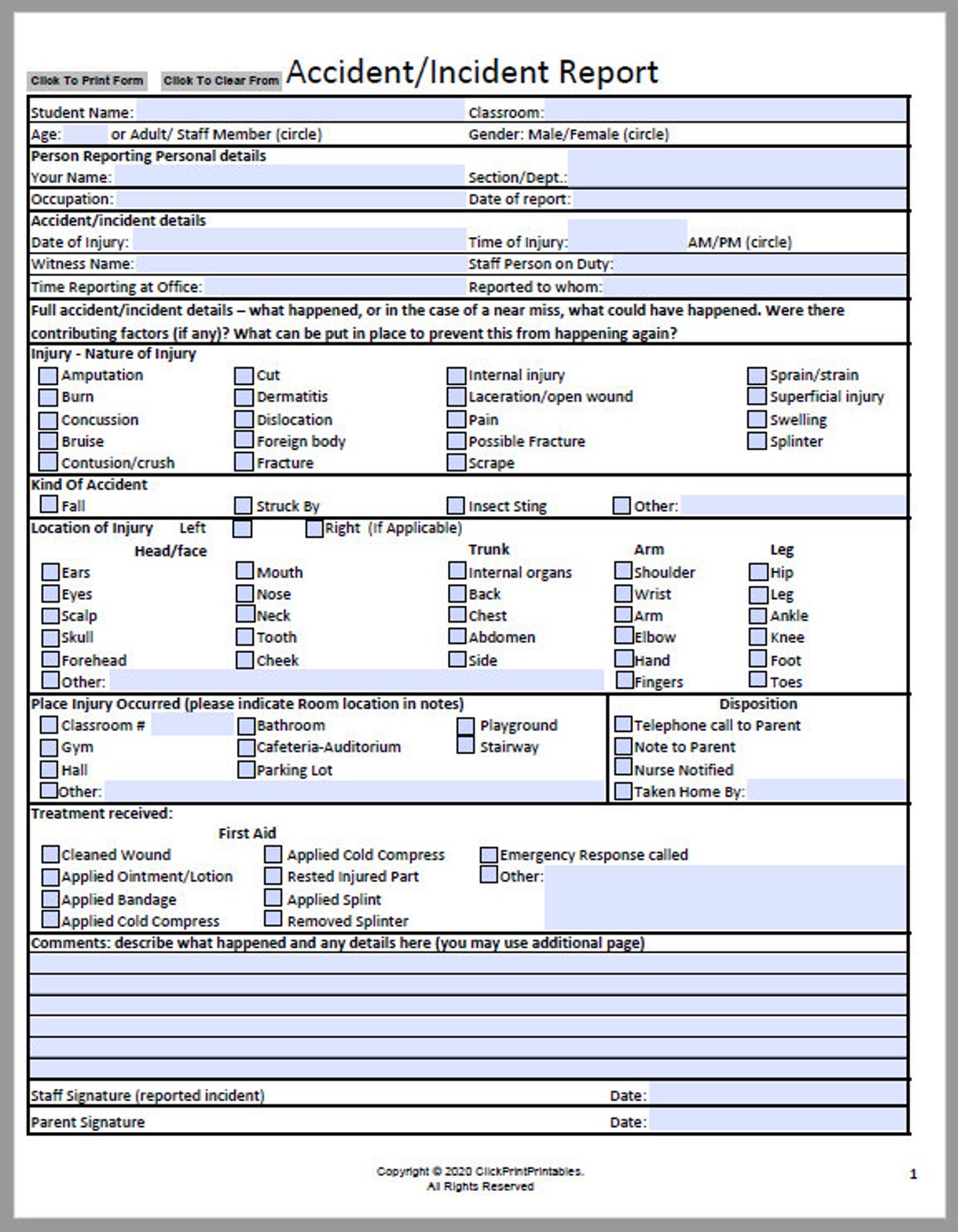 School Accident Report Form Template (fillable PDF) - Etsy