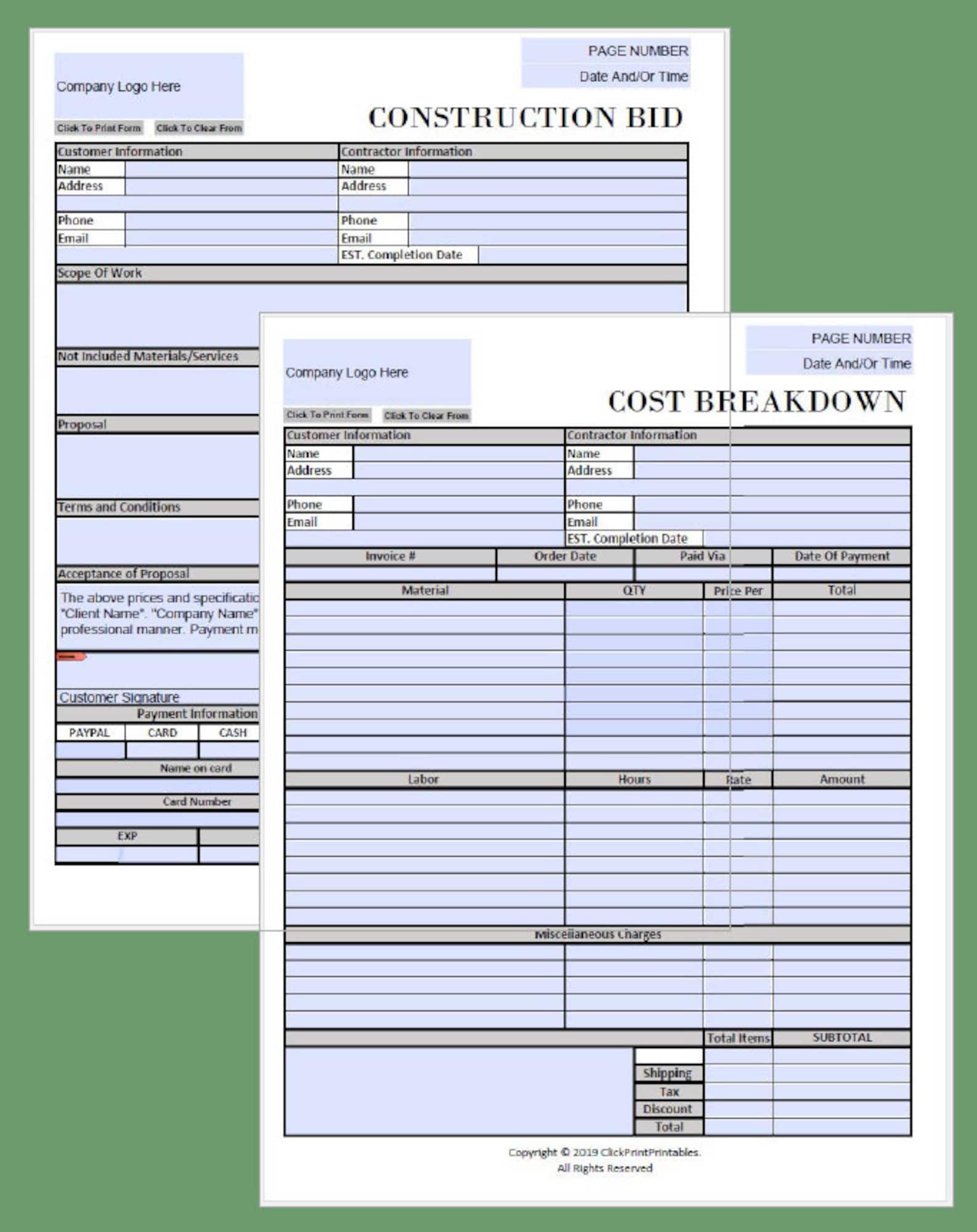 Construction Bid Project Form With Cost Breakdown Template Editable ...