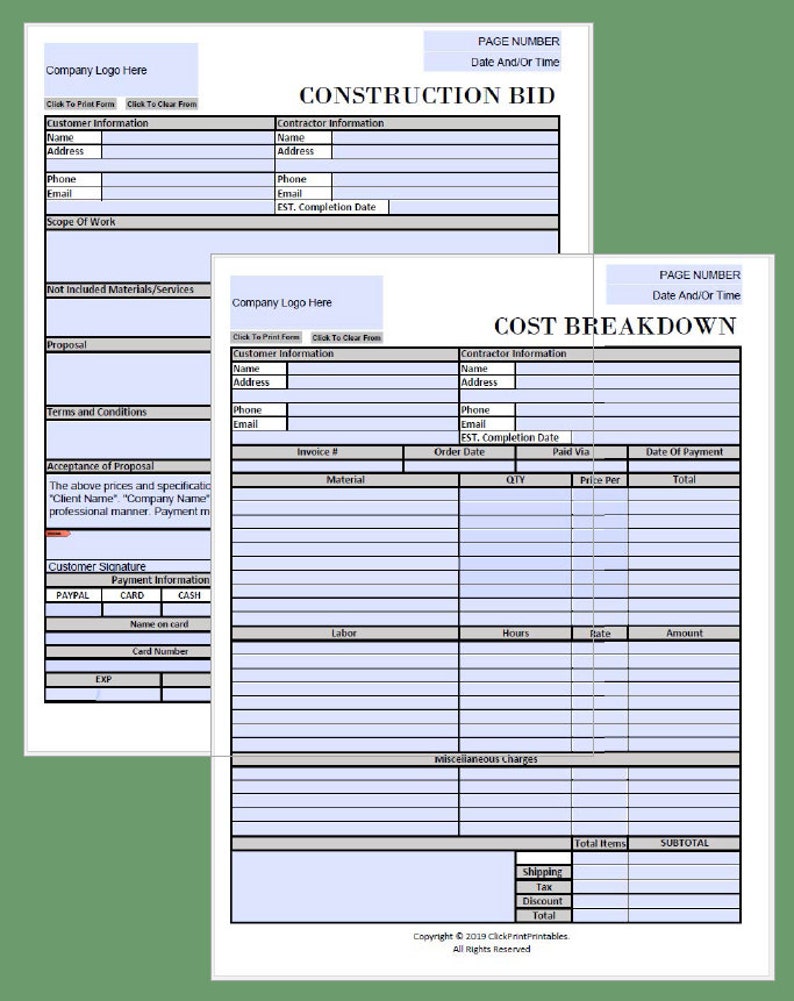 Construction Bid Project Form With Cost Breakdown Template Editable ...