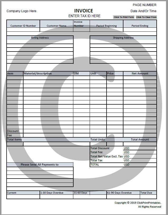 Editable Invoice Template Downloadable Printable Form Small Business ...