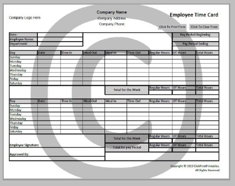 Employee Time Card (black and White)-home Business-tracker-printable ...