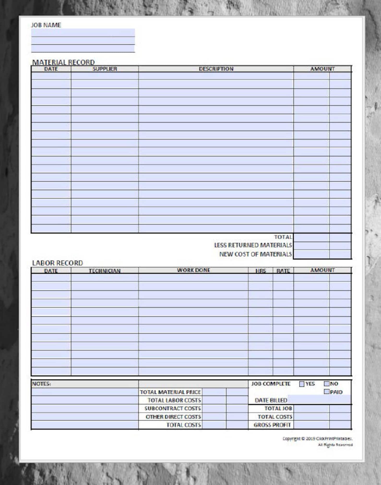 Material and Labor Record Sheet Project Bid Invoice Form Template ...