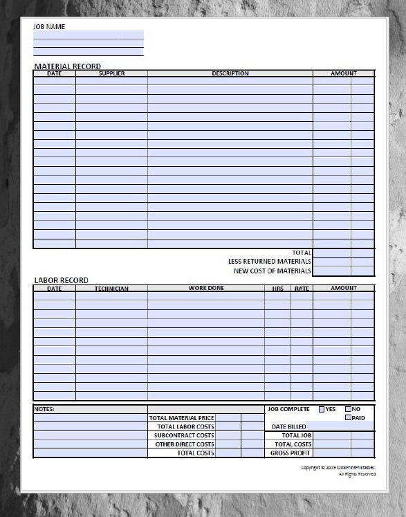 Material and Labor Record Sheet Project Bid Invoice Form Template ...