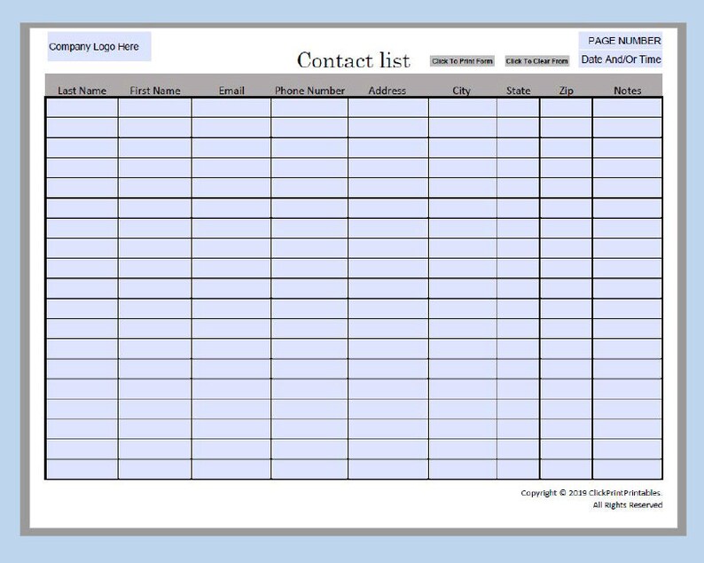 Simple Minimal Editable Contact List Template Downloadable Printable ...