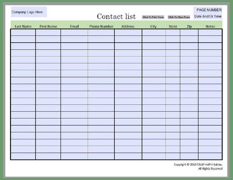 Simple Minimal Editable Contact List Template Downloadable Printable ...