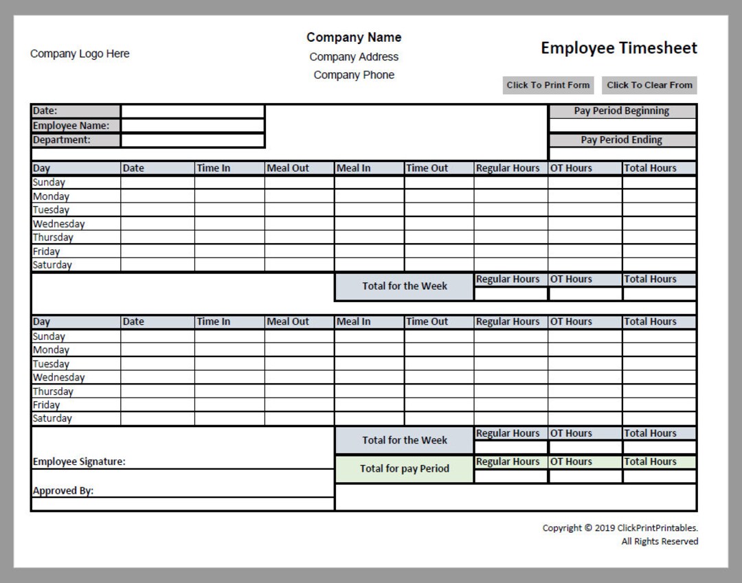 Employee Time Card (in Color Ink) -home Business -tracker-printable and ...