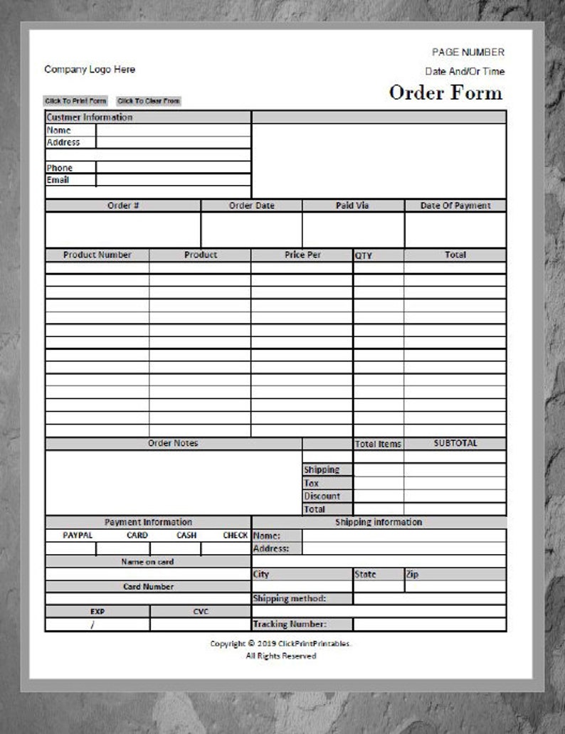 Simple Minimal Editable Order Form Template black and White ...