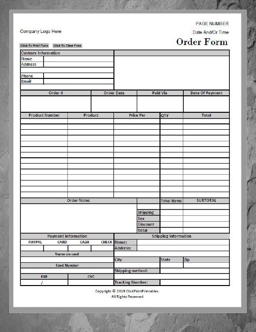 Simple Minimal Editable Order Form Template black and White ...