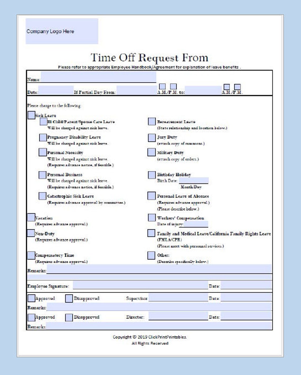 Simple Time off Request Template Downloadable Printable Form Small ...