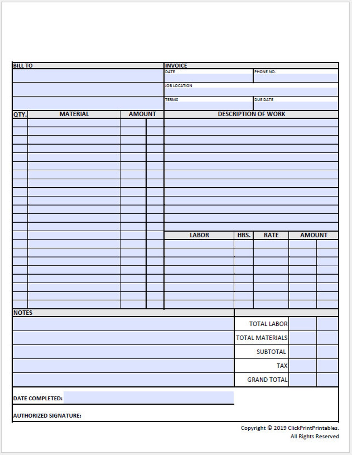 Simple Minimal Editable Invoice With Labor Template Downloadable ...