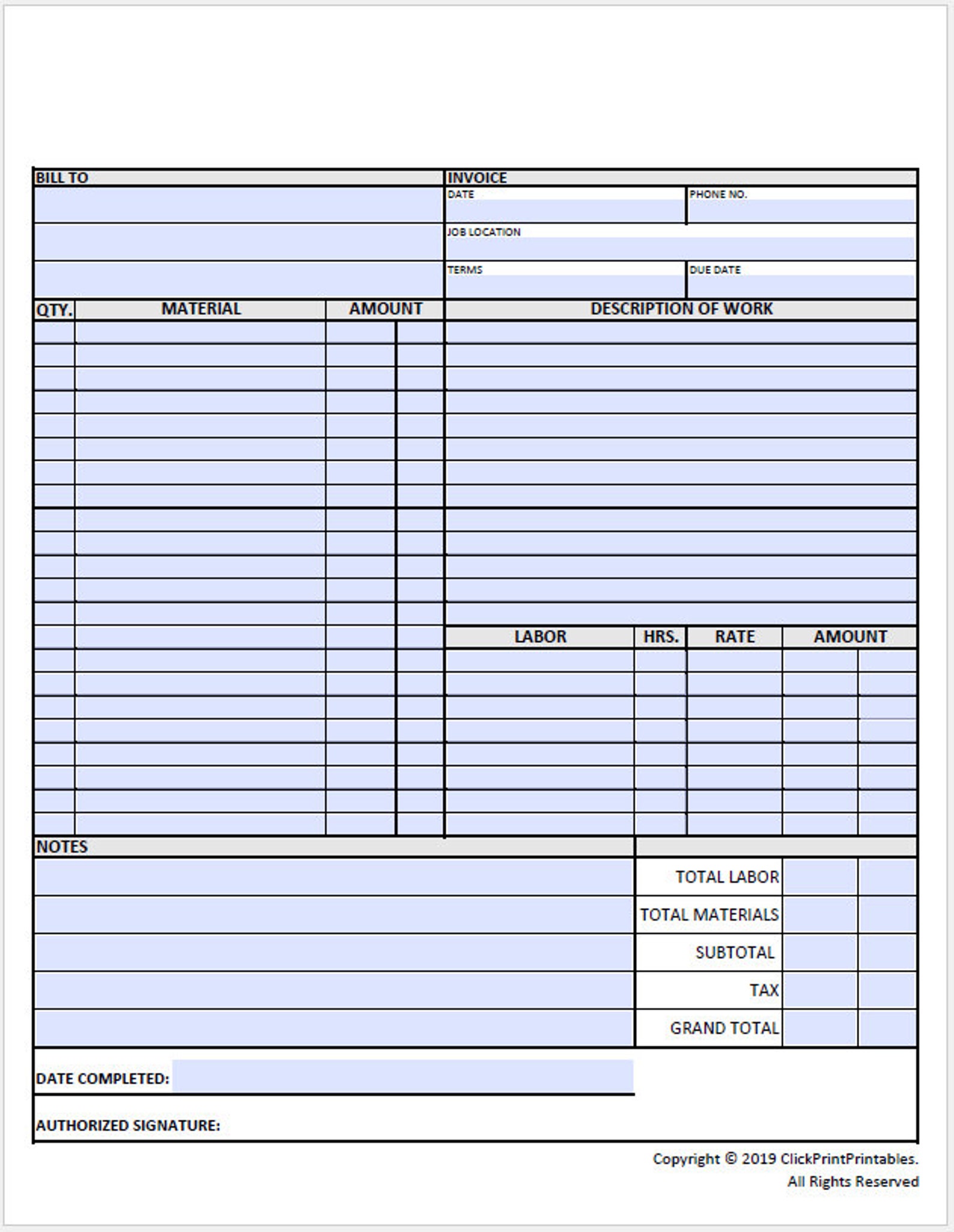 Simple Minimal Editable Invoice With Labor Template Downloadable ...