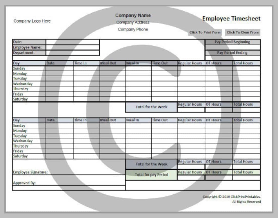 Employee Timesheet (in Color Ink)-home Business - Tracker-printable and ...