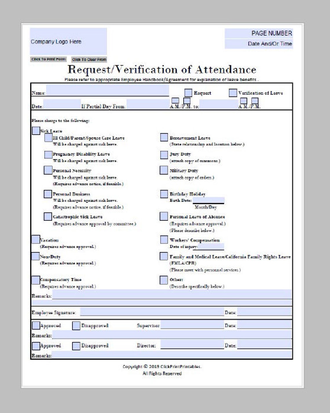 Attendance Verification Form Template (fillable PDF) - Etsy