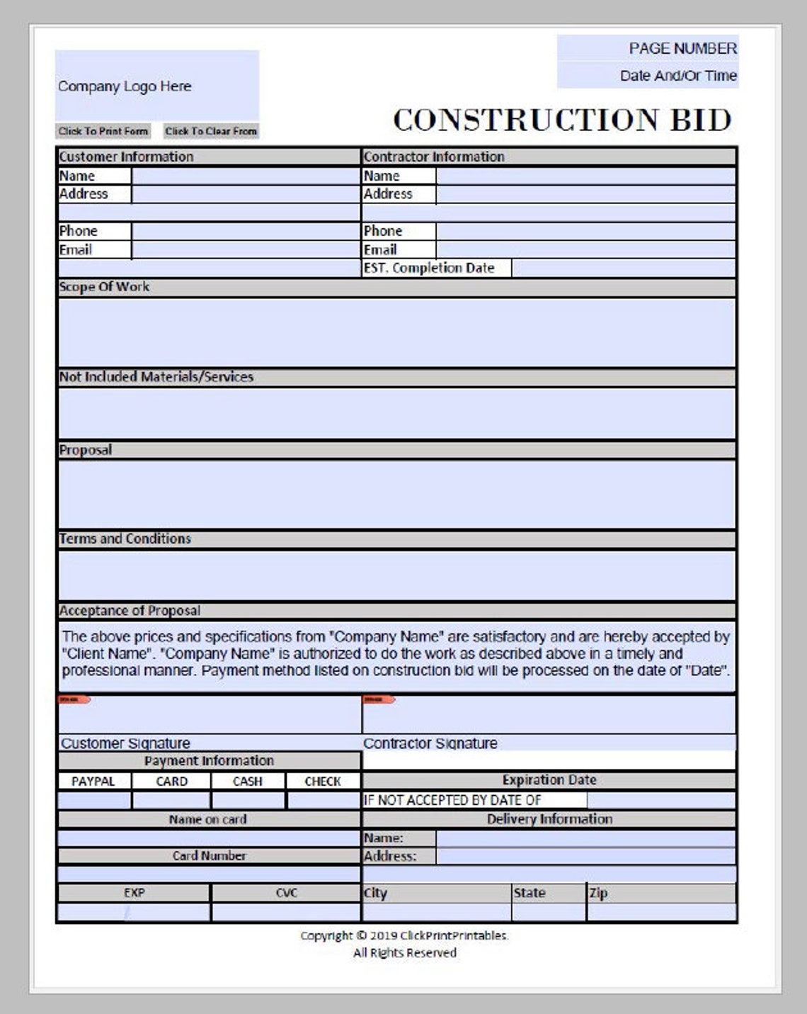 Construction Project Bid Proposal Form Template Simple Minimal Editable