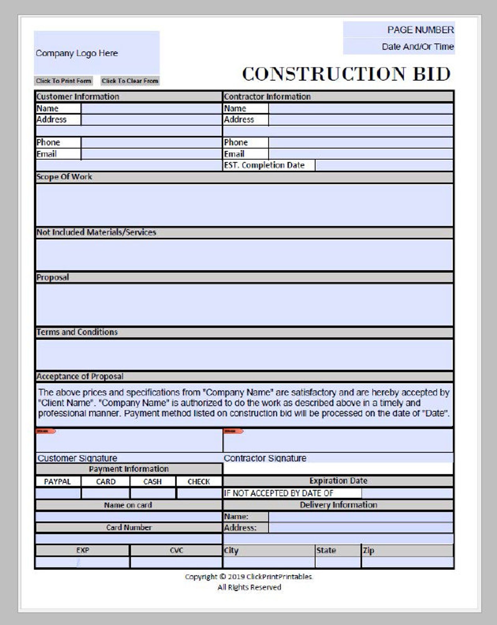 Construction Project Bid Proposal Form Template Simple Minimal Etsy Gambaran