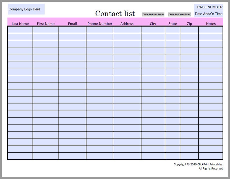 Simple Minimal Editable Contact List Template Downloadable Printable ...