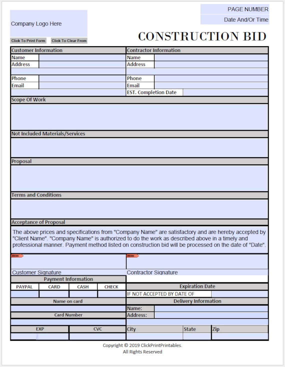 Construction Project Bid Proposal Form Template Simple Minimal Editable ...