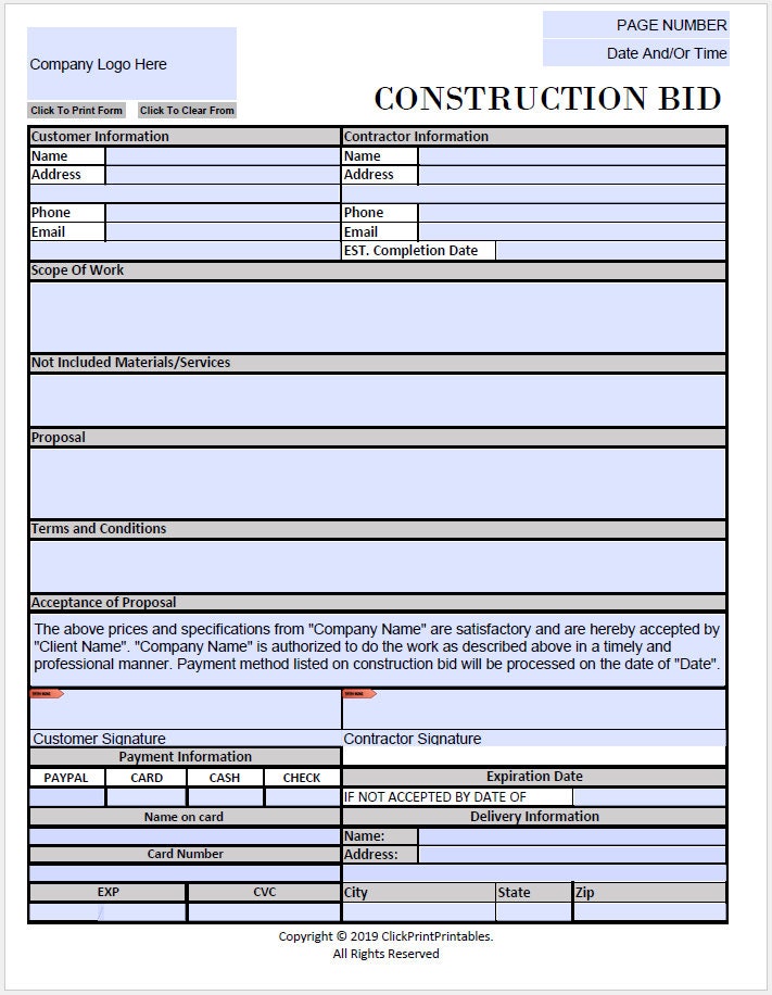 Construction Bid Project Form Template Simple Minimal Editable ...