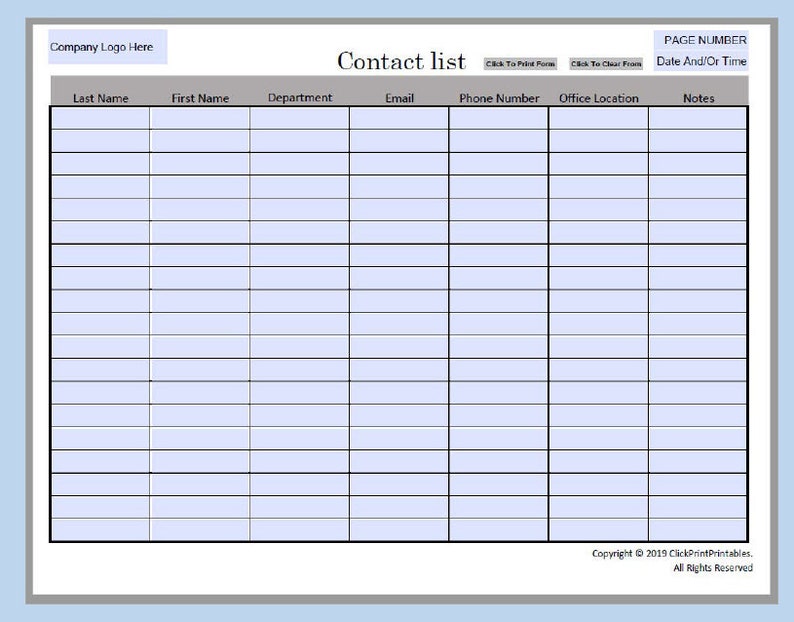Simple Minimal Editable Contact List Template Downloadable Printable ...