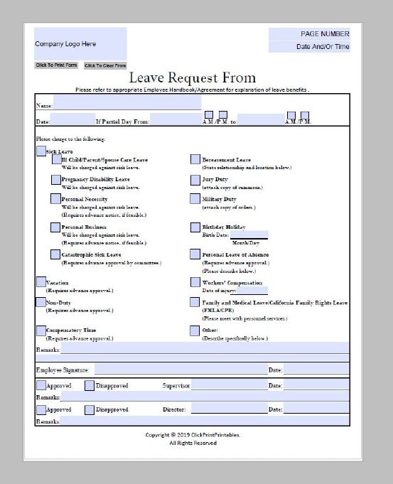 Request for Leave Template Downloadable Printable Form Small Business ...