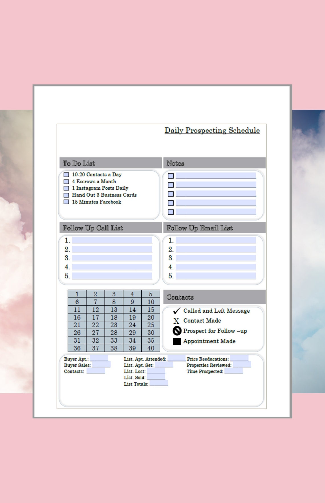 Real Estate Agent Daily Prospecting Schedule Form Tracker New Buyer ...