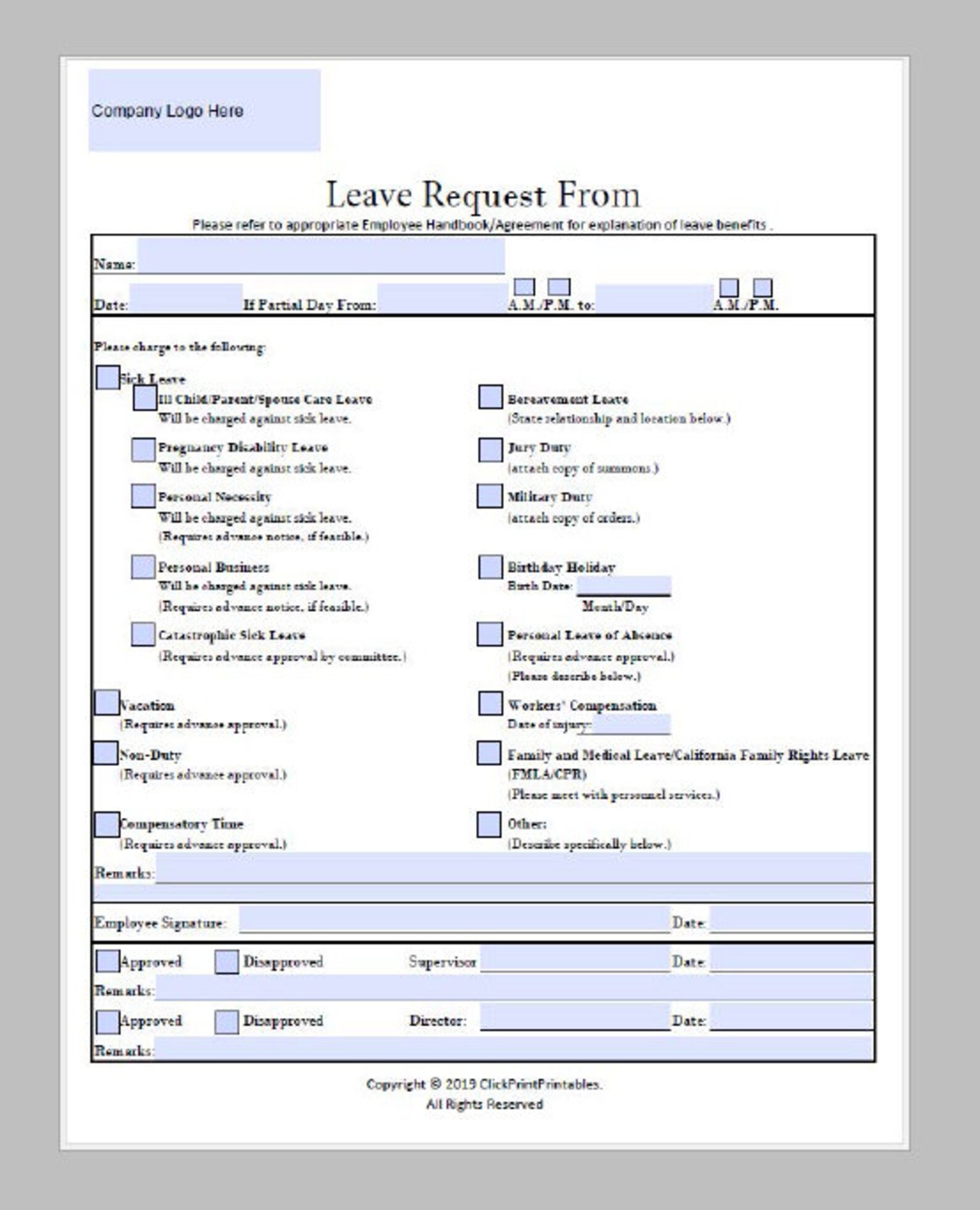 Simple Request for Leave Template Downloadable Printable Form Small ...