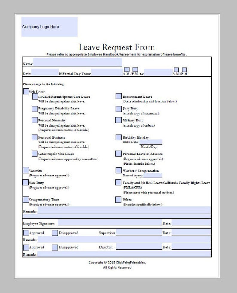 Simple Request for Leave Template Downloadable Printable Form Small ...