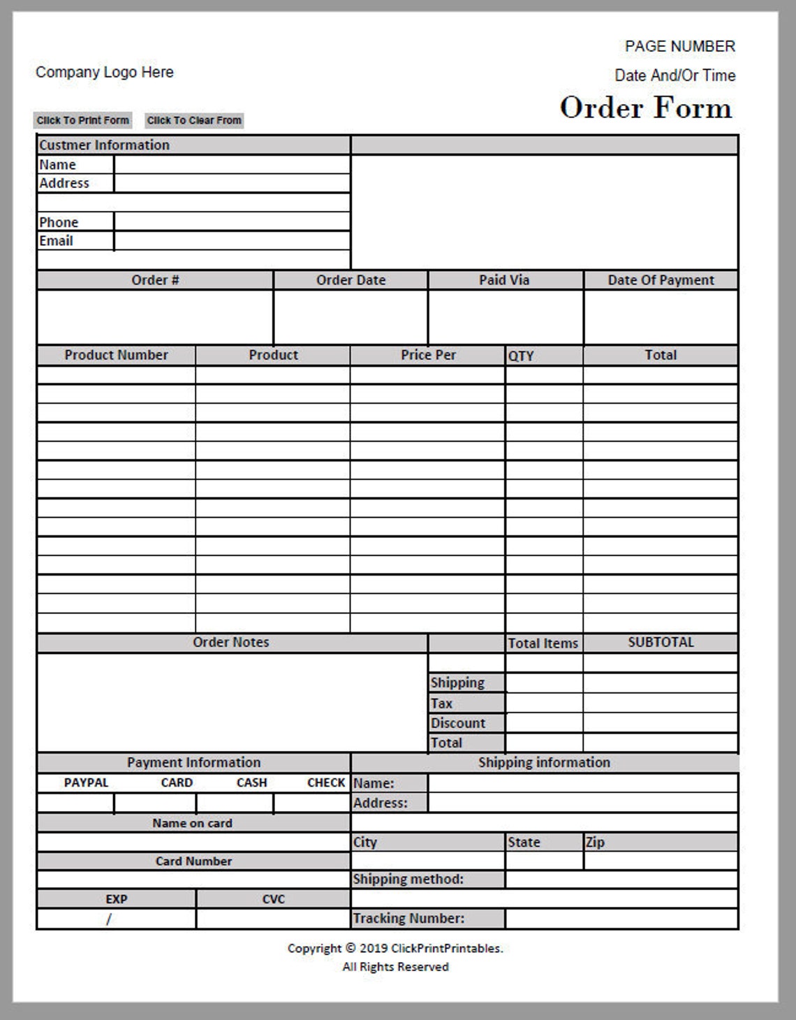 Simple Minimal Editable Order Form Template (black and White ...