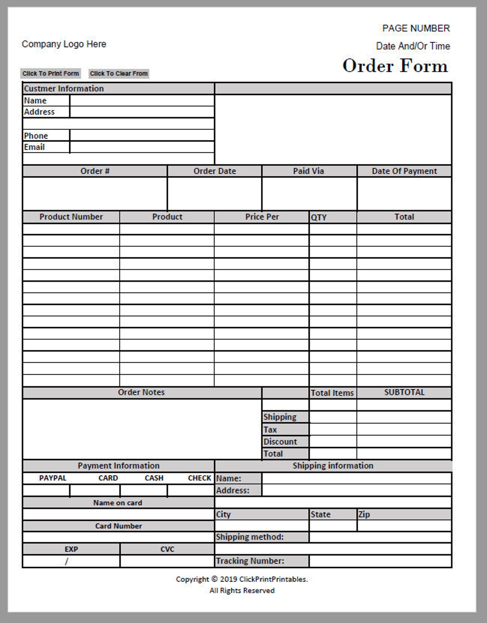 Simple Minimal Editable Order Form Template (black and White ...