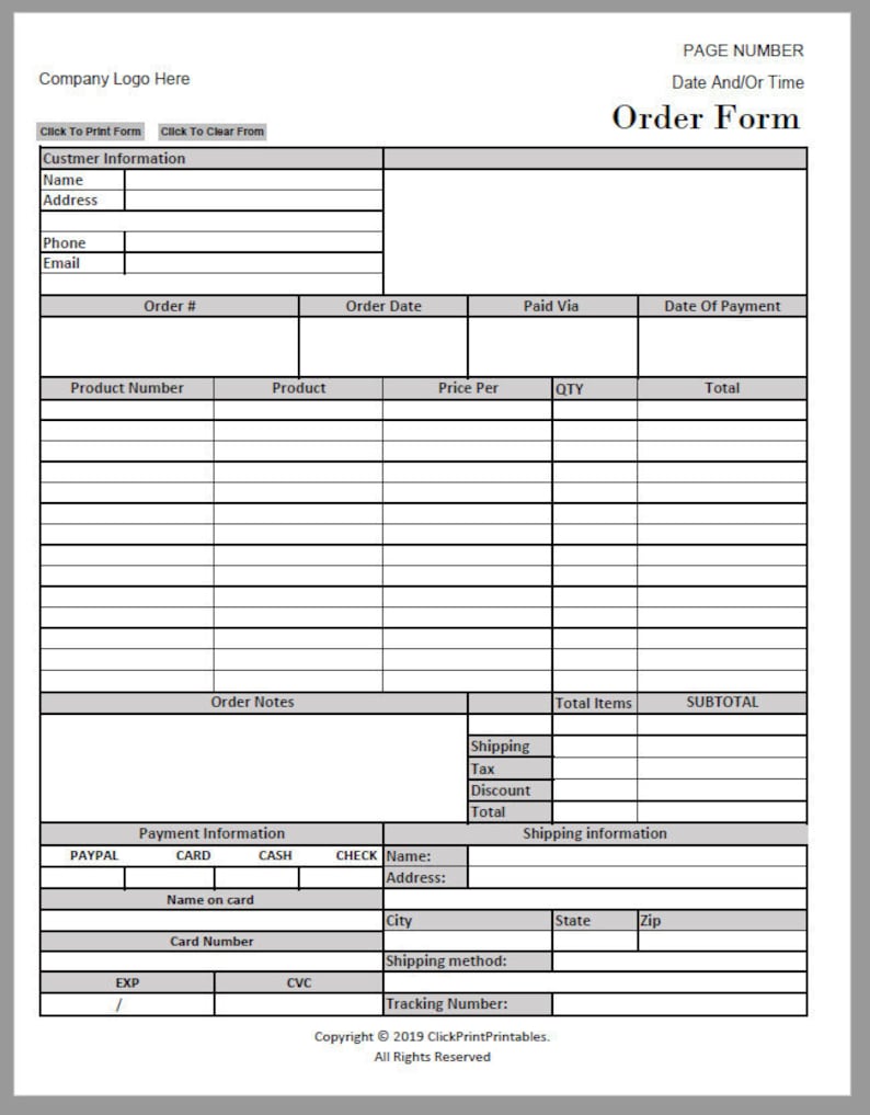 Simple Minimal Editable Order Form Template black and White ...