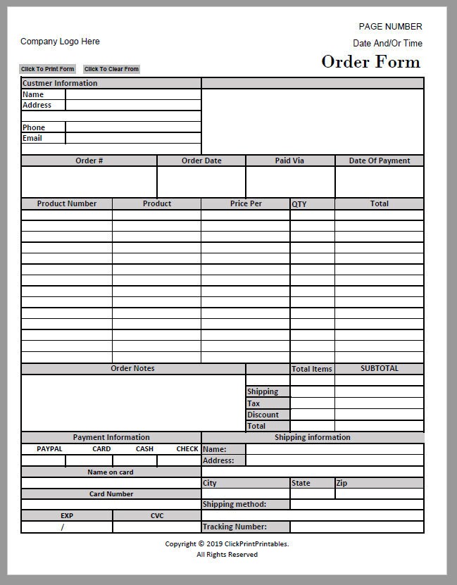 Simple Minimal Editable Order Form Template (black and White ...