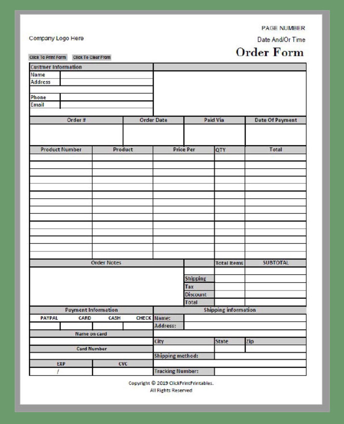 Simple Minimal Editable Order Form Template (black and White ...
