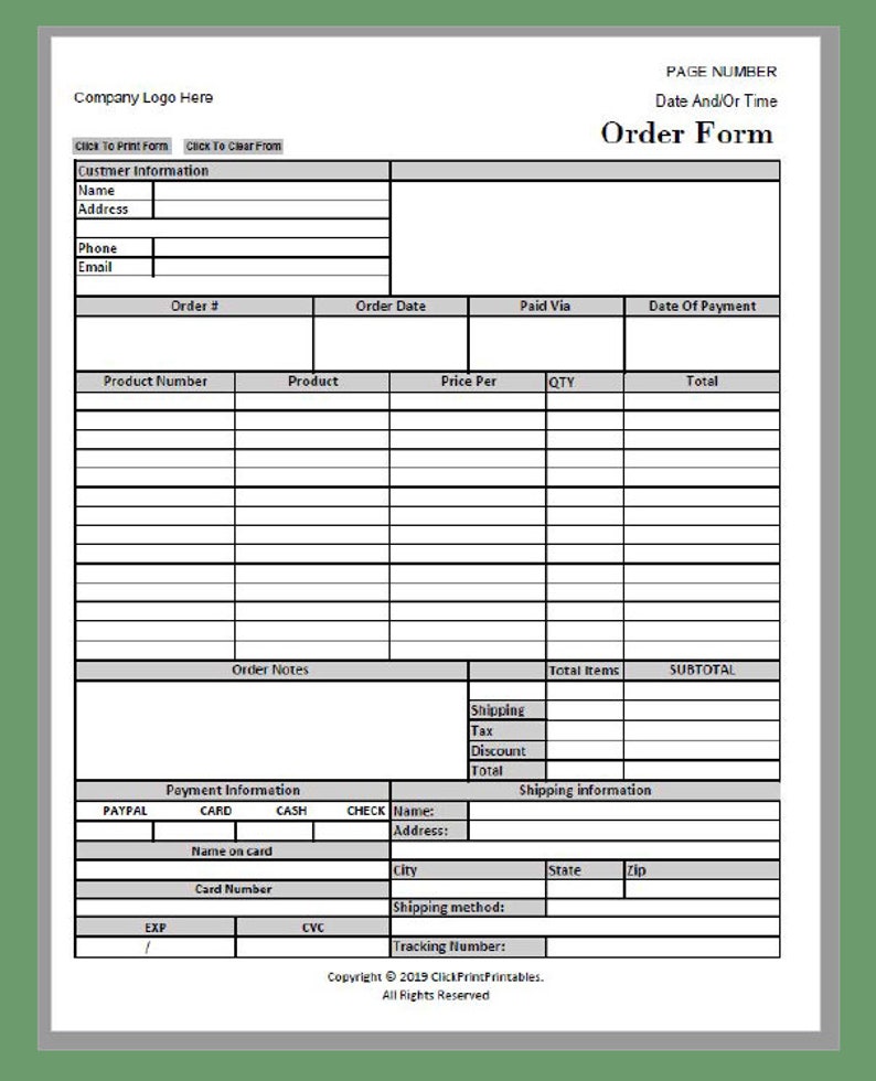 Simple Minimal Editable Order Form Template (black and White ...
